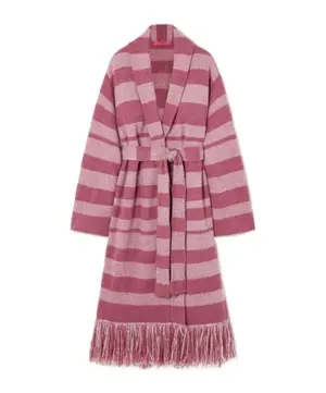 THE ELDER STATESMAN Belted Fringed Striped Cashmere Cardigan - Pink