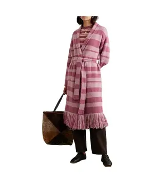 THE ELDER STATESMAN Belted Fringed Striped Cashmere Cardigan