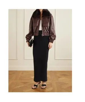 Nour Hammour Long Sleeve Leather Bomber Jacket