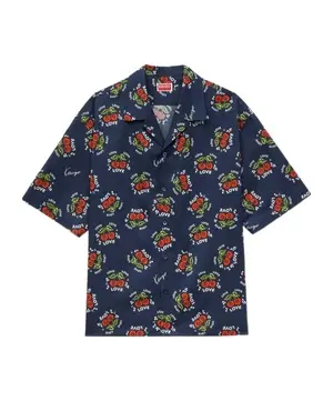 Kenzo Loves' Hawaiian Short Sleeve Shirt In Cotton Poplin - Blue-black
