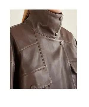Nour Hammour Long-sleeved Leather Jacket With Stand Collar