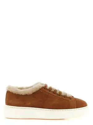Santoni Suede Shearling Trimmed Lace-up Sneakers - Brown