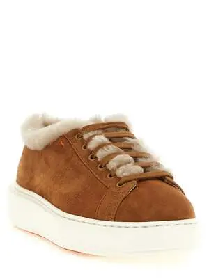 Santoni Suede Shearling Trimmed Lace-up Sneakers