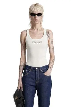 Versace Embroidered Ribbed Wool Top - Beige