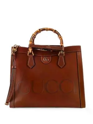 Gucci Diana Nm Logo Bamboo Handle Tote Embossed Leather Medium Shoulder Bag - Brown