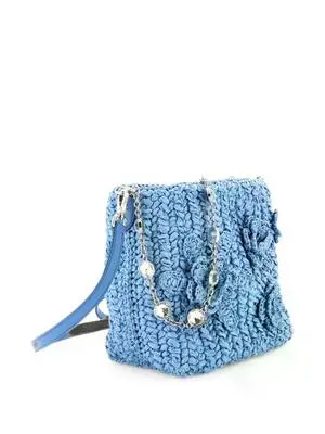 Miu Miu Flower Crystal Chain Woven Raffia Shoulder Bag