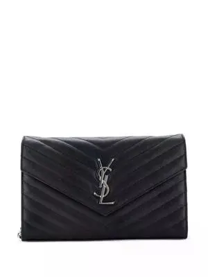 Saint Laurent Classic Monogram Wallet On Chain Matelasse Chevron Leather Medium Crossbody Bag - Black