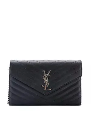 Saint Laurent Classic Monogram Wallet On Chain Matelasse Chevron Leather Medium Crossbody Bag - Black