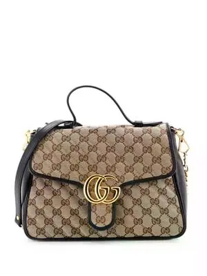 Gucci Gg Marmont Top Handle Flap Bag Diagonal Quilted Gg Canvas With Leather Small Satchel - Black