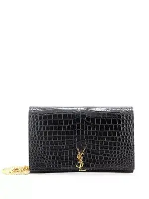 Saint Laurent Classic Monogram Flap Chain Wallet Crocodile Embossed Leather Clutch Bag - Black