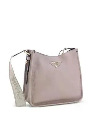 Prada Leather Medium Hobo Bag With Logo Strap - Grey
