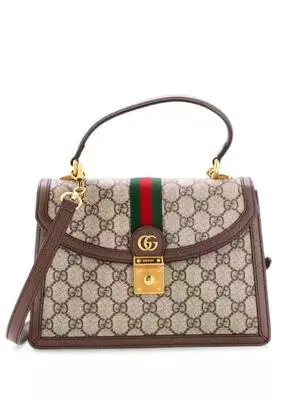 Gucci Ophidia Flap Top Handle Bag Gg Coated Canvas Small Satchel - Brown