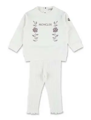 Moncler Moncler Baby Cream Set: Floral Embroidered Sweatshirt & Rib-Knit Leggings Bianco