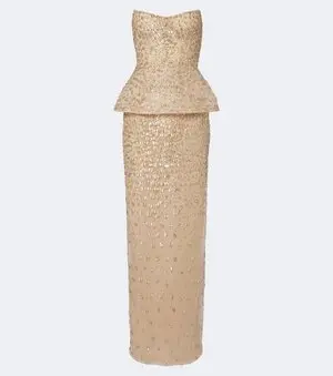 Monique Lhuillier Embellished Peplum Bustier Gown - Beige