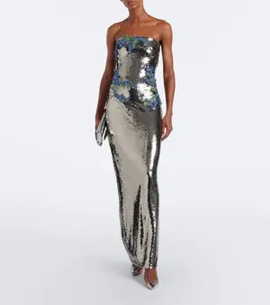 Monique Lhuillier Floral-appliqué Sequined Bustier Gown