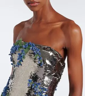 Monique Lhuillier Floral-appliqué Sequined Bustier Gown
