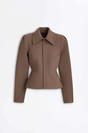 Scanlan Theodore Crepe Knit Peplum Collar Jacket - Whiskey