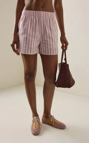 WITH NOTHING UNDERNEATH Exclusive The Boxer Striped Cotton Seersucker Shorts - Pink