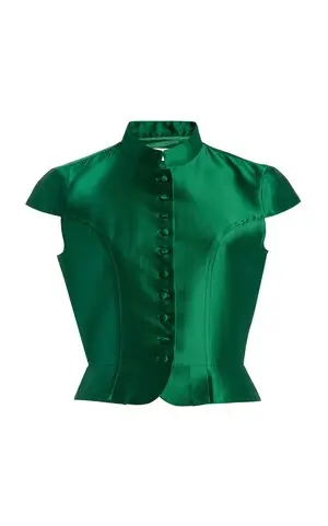 DESTREE Sculptural Satin Top With Peplum Hem - Green