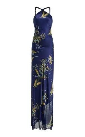 Staud Charli Silk Maxi Dress In Botanical Print - Blue