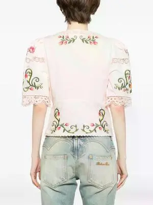 Farm Rio Flower Embroidered Puff-sleeve Blouse