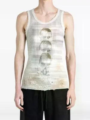 SAITOS Triple Ghost Distressed Striped Tank - White