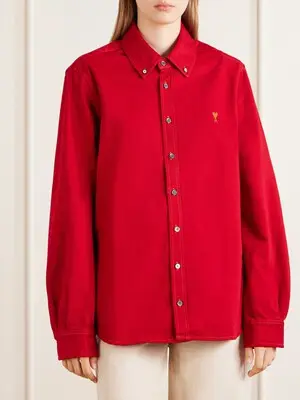 AMI Paris Logo Embroidered Cotton Twill Shirt