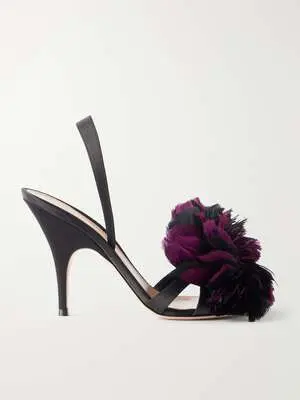 GIANVITO ROSSI 95 Feather-embellished Satin Sandals - Black