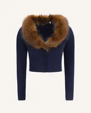 SELF-PORTRAIT Cropped Knit Cardigan With Detachable Faux Fur Collar - Blue