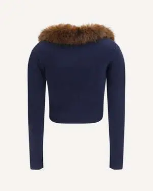 SELF-PORTRAIT Cropped Knit Cardigan With Detachable Faux Fur Collar - Blue
