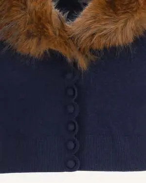 SELF-PORTRAIT Cropped Knit Cardigan With Detachable Faux Fur Collar - Blue