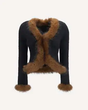 SELF-PORTRAIT Faux Fur Trimmed Knit Cardigan - Blue