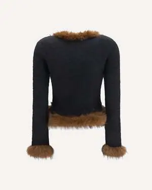 SELF-PORTRAIT Faux Fur Trimmed Knit Cardigan - Blue