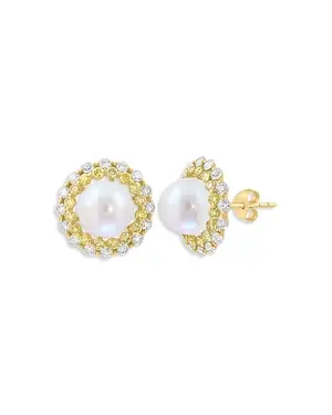 Bloomingdale'S Freshwater Pearl, Yellow Diamond & White Diamond Halo Stud Earrings In 14k Yellow - Gold