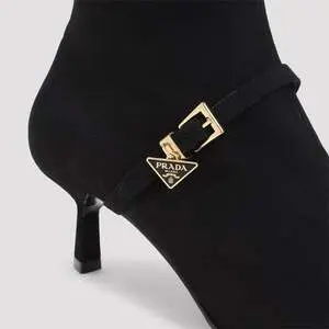 Prada Suede Pointed Toe Booties With Buckle Detail - Black