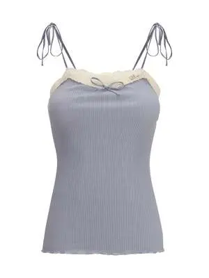 Chloé Ribbed Cotton Jersey Thin Strap Top With Lace Trim - Blue