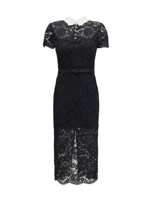 SELF-PORTRAIT Lace Contrast Collar Midi Dress - Black