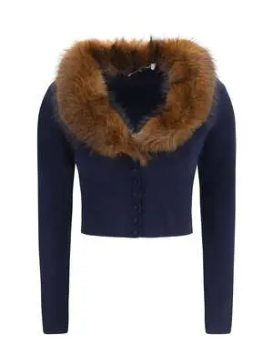 SELF-PORTRAIT Knit And Faux Fur Cardigan - Blue