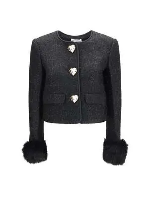 SELF-PORTRAIT Metallic Bouclé Jacket With Faux Fur Cuffs - Black