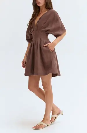 CRESCENT Pleated Linen Mini Dress With Dolman Sleeves And V-neckline - Brown
