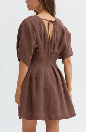 CRESCENT Pleated Linen Mini Dress With Dolman Sleeves And V-neckline - Brown