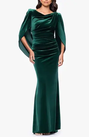 Betsy & Adam Drape Back Velvet Gown - Hunter