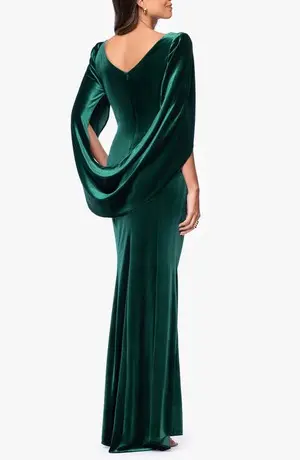 Betsy & Adam Velvet Gown With Draped Back And Three-quarter Sleeves