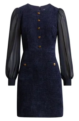 Eliza J Long Sleeve Mixed Media Sheath Dress - Navy