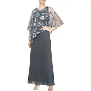 SL FASHIONS Metallic Floral Chiffon Cape Gown - Smoke/silver