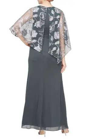 SL FASHIONS Metallic Floral Chiffon Cape Gown