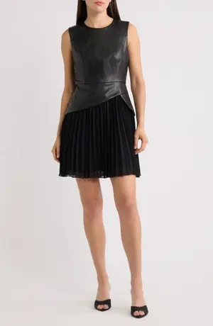 Sam Edelman Sleeveless Faux Leather Dress With Pleated Chiffon Skirt