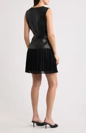 Sam Edelman Sleeveless Faux Leather Dress With Pleated Chiffon Skirt