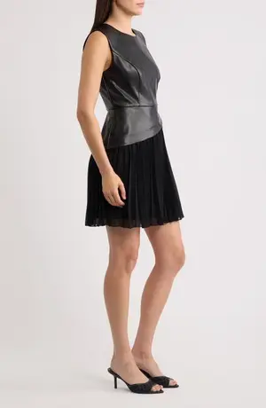 Sam Edelman Sleeveless Faux Leather Dress With Pleated Chiffon Skirt