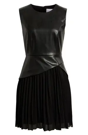 Sam Edelman Sleeveless Faux Leather Dress With Pleated Chiffon Skirt